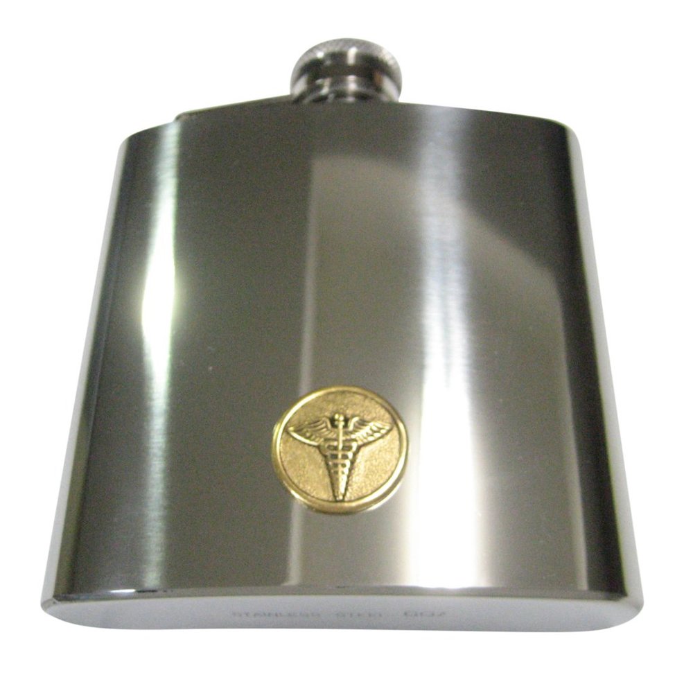 Gold Toned Round Medical Caduceus Symbol 6oz Flask - Gem